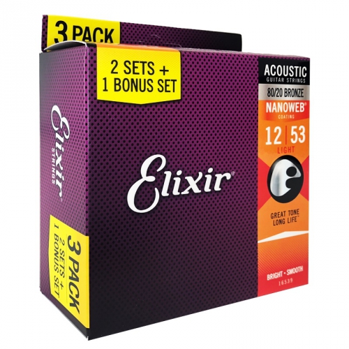 Elixir 16539 Bronze Custom Light NW potrójny komplet strun do gitary ...